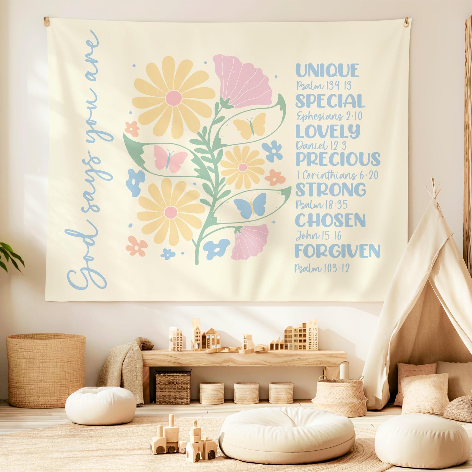 Christian Hanging Tapestry, Floral Boho Wall Art, God Says I Am, Girls ...
