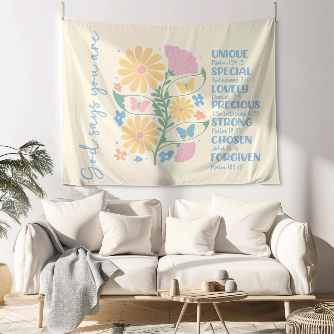 Christian Hanging Tapestry, Floral Boho Wall Art, God Says I Am, Girls ...