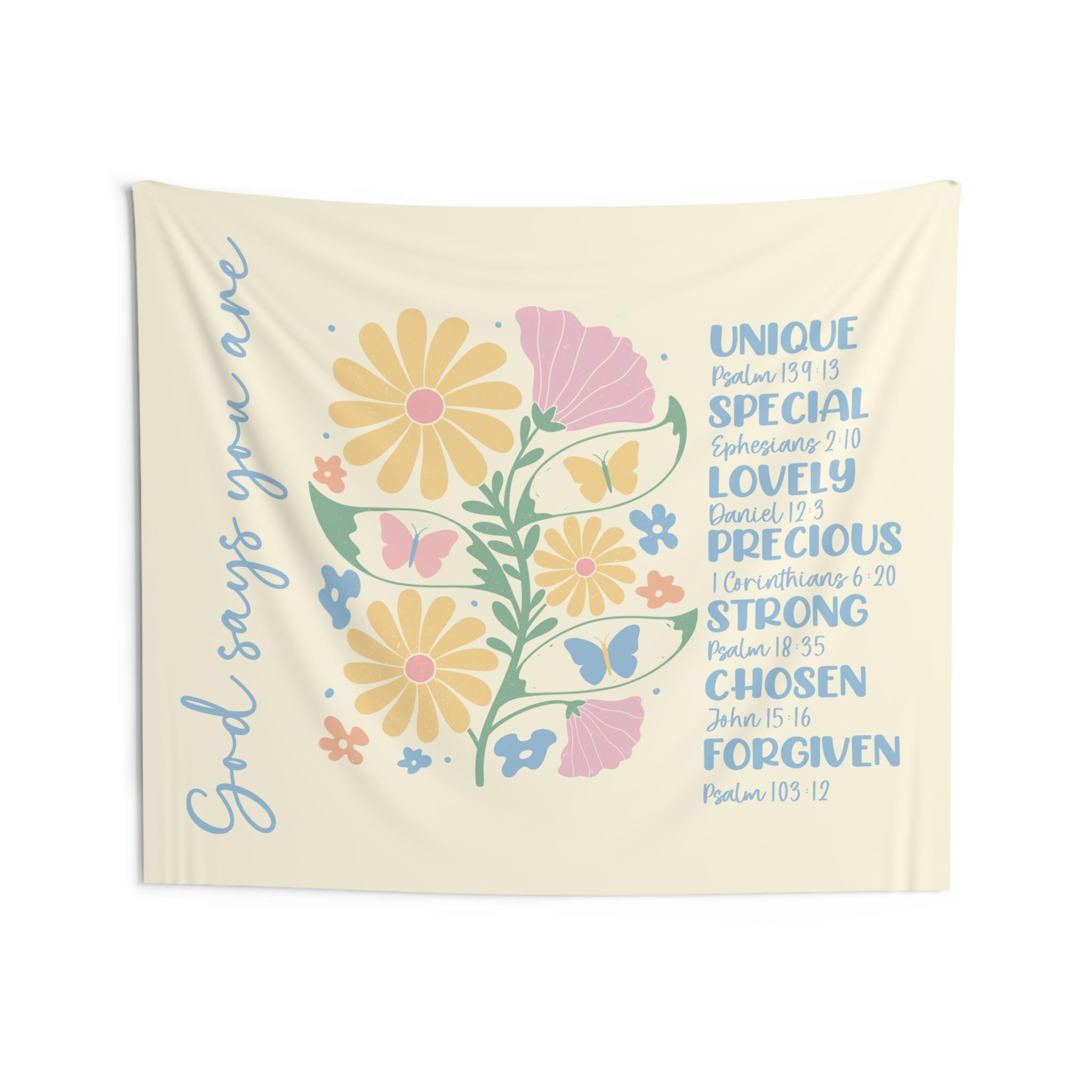 Christian Hanging Tapestry, Floral Boho Wall Art, God Says I Am, Girls ...