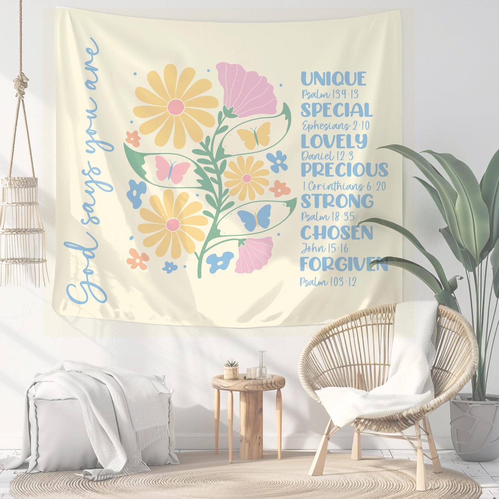 Christian Hanging Tapestry, Floral Boho Wall Art, God Says I Am, Girls ...