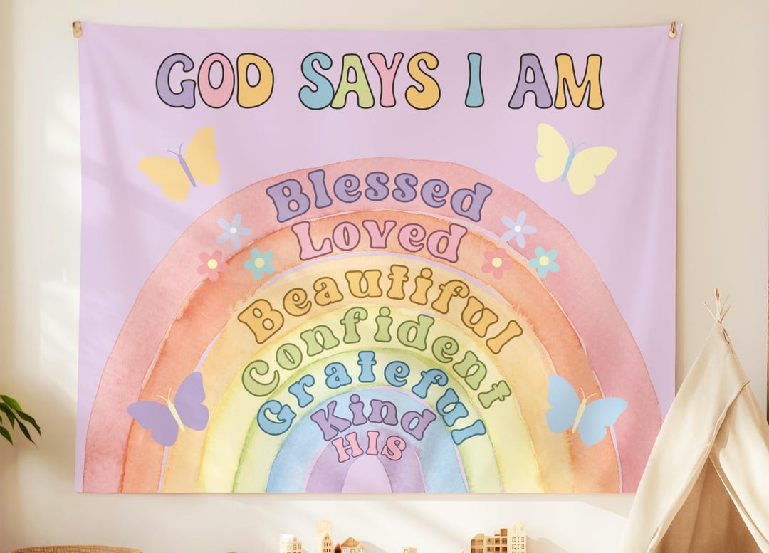 Christian Tapestry, God Says I Am Rainbow Wall Art, Girls Bedroom ...