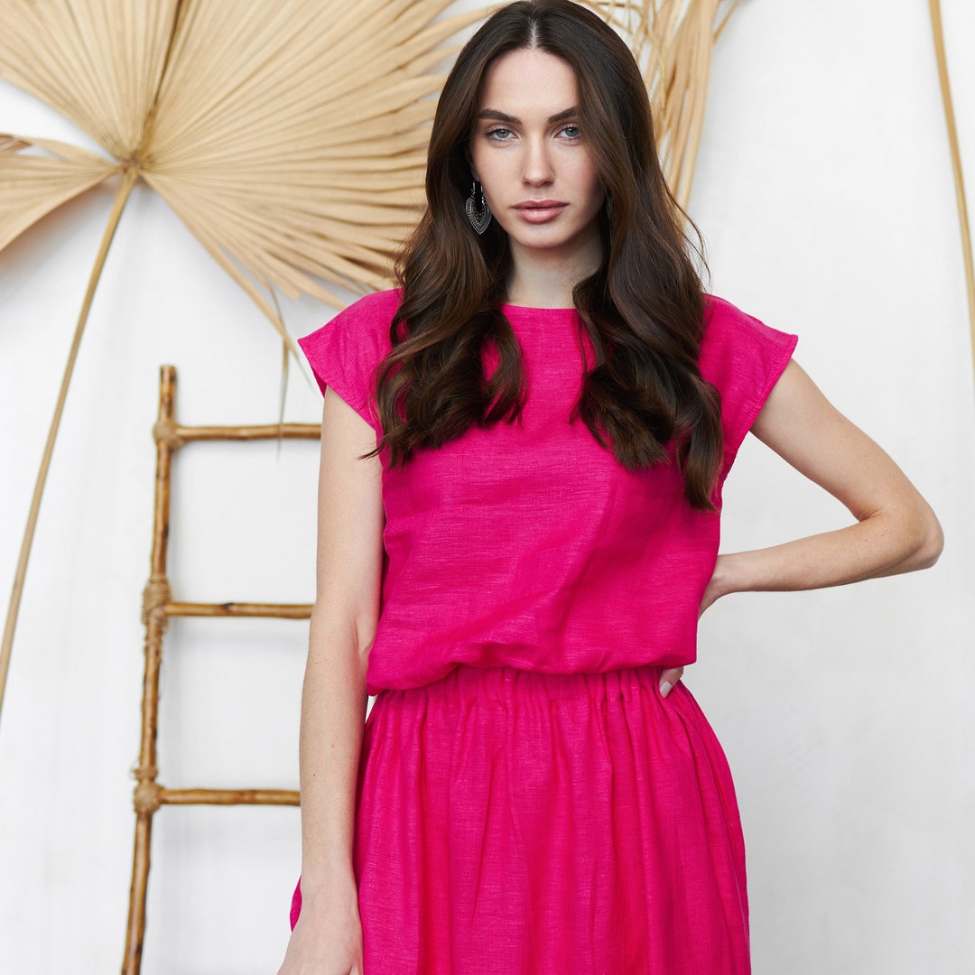 Minimalist Fuchsia Hot Pink Linen Sleeveless Crop Top Pink Etsy