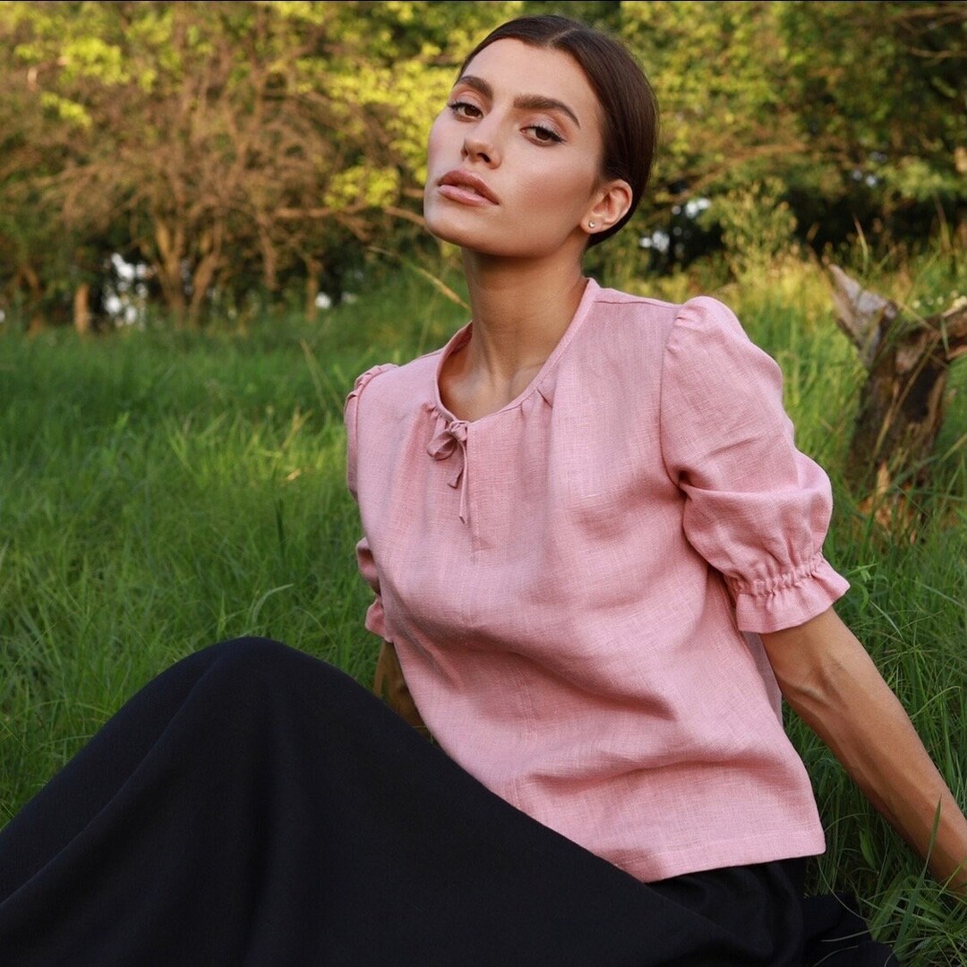 ALISA Linen Dusty Pink Women Top With Short Puffed Sleeves, Smart ...