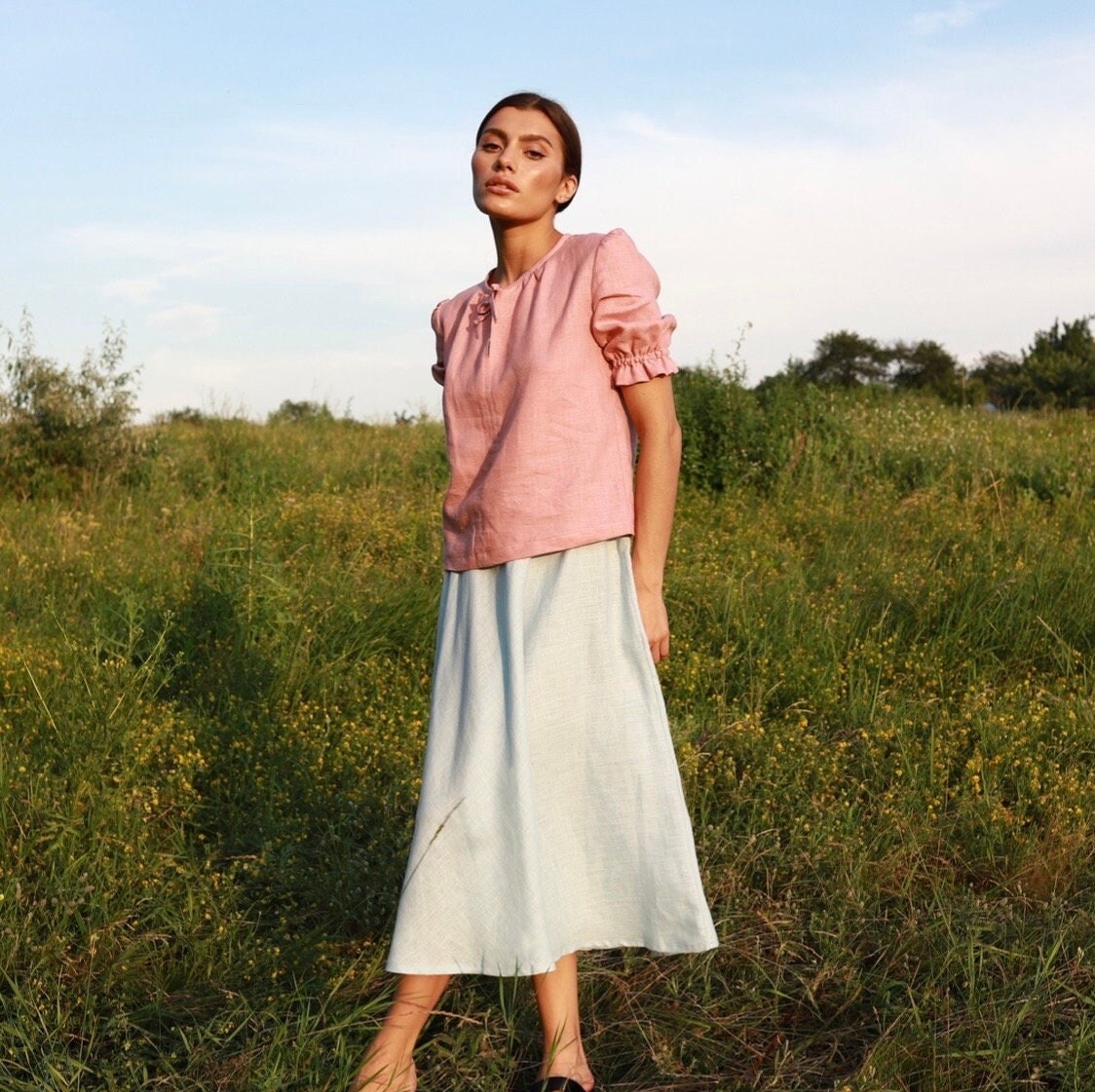 ALISA Linen Dusty Pink Women Top With Short Puffed Sleeves, Smart ...