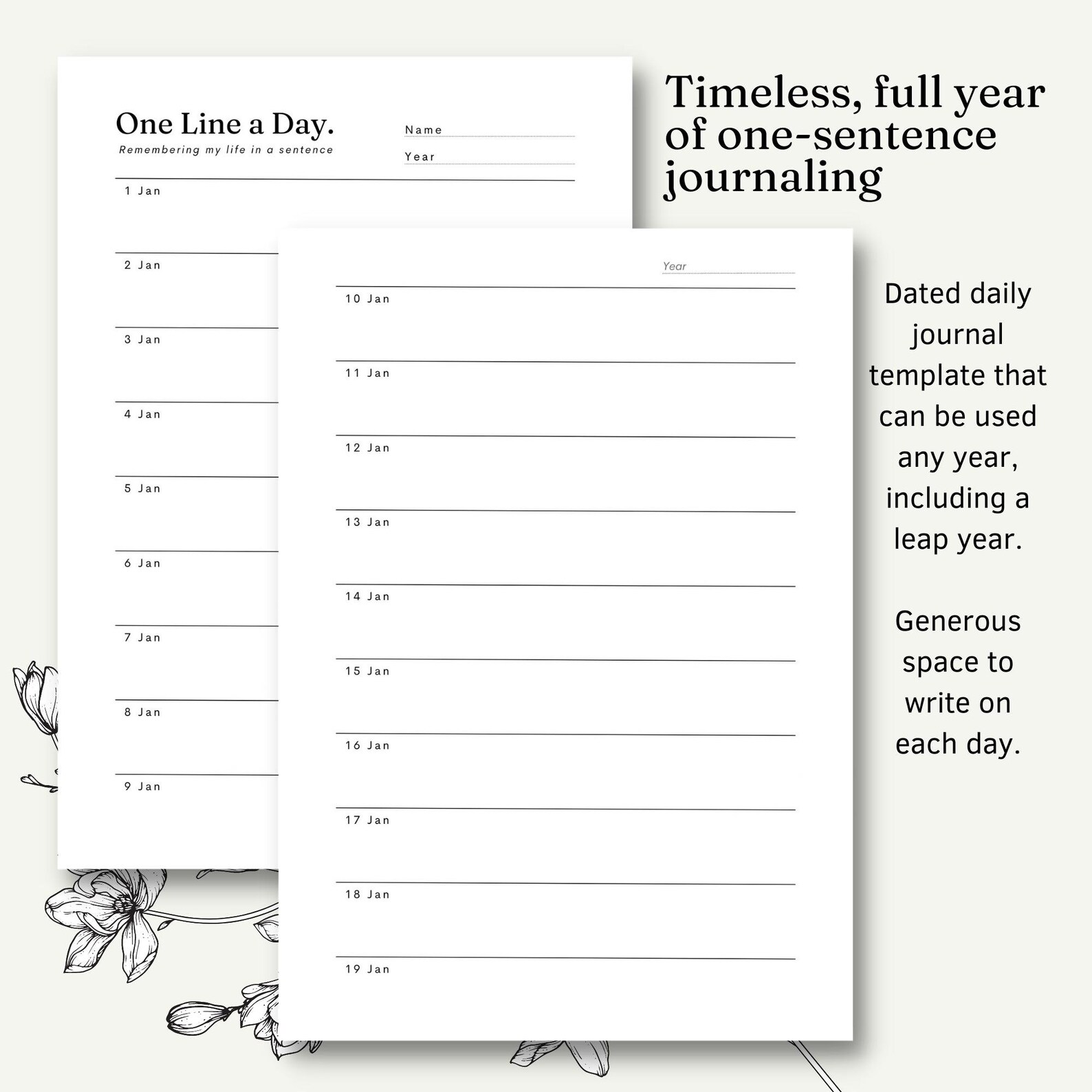 One Line A Day Journal, 365 Days One Sentence Journal Digital Download ...