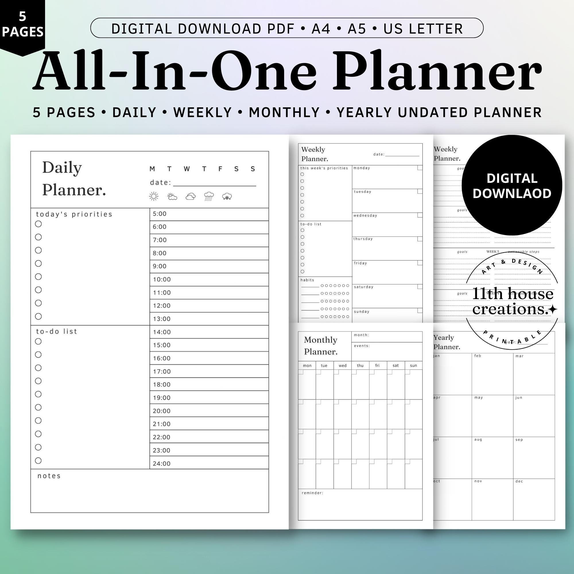 All in One Daily Planner Printable, Weekly, Monthly, Yearly Digital ...