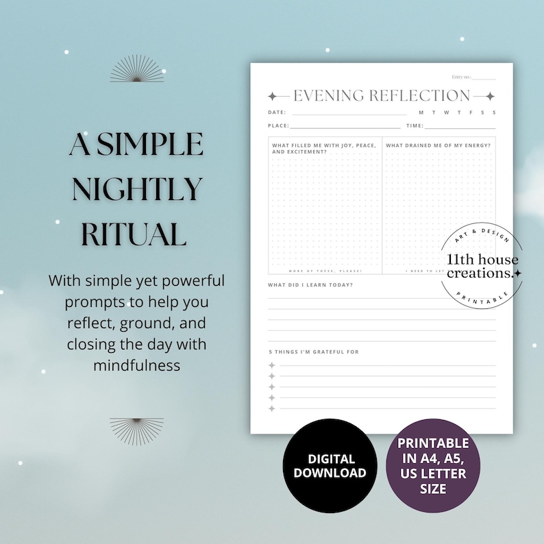 Evening Reflection Journal, Printable 5 Minute Bedtime Journal Prompts ...