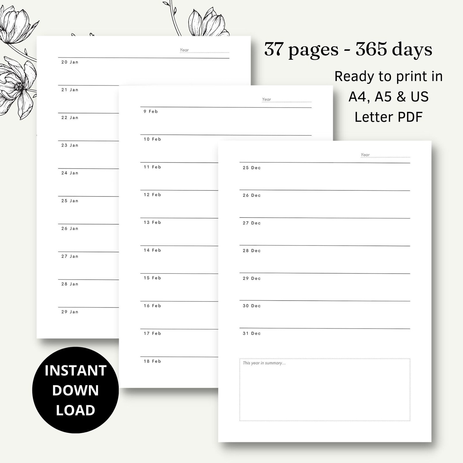 One Line A Day Journal, 365 Days One Sentence Journal Digital Download ...