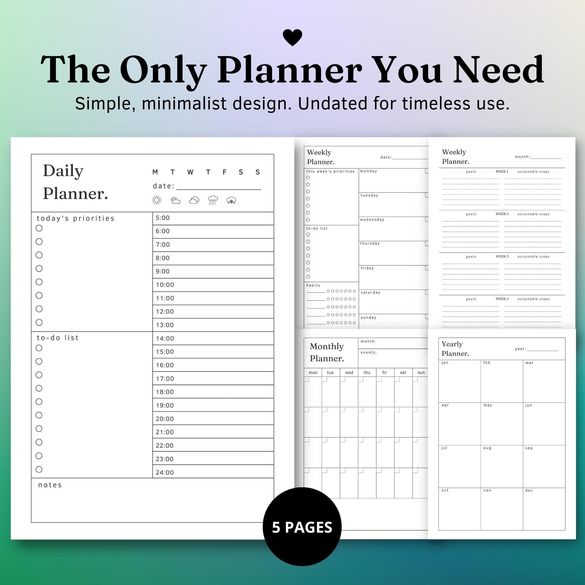 All in One Daily Planner Printable, Weekly, Monthly, Yearly Digital ...