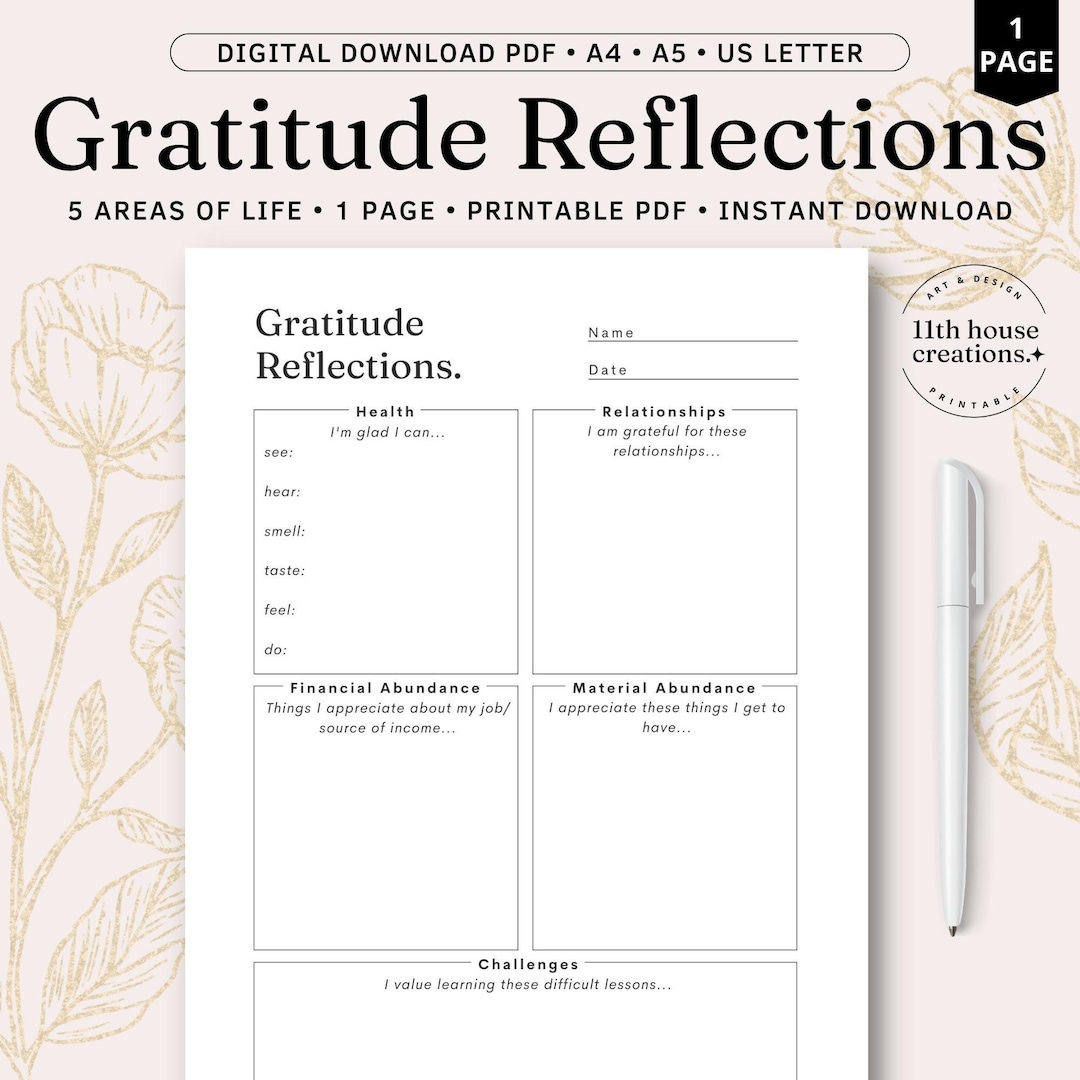 Gratitude Reflections, 5 Areas of Life Gratitude Journal Printable ...