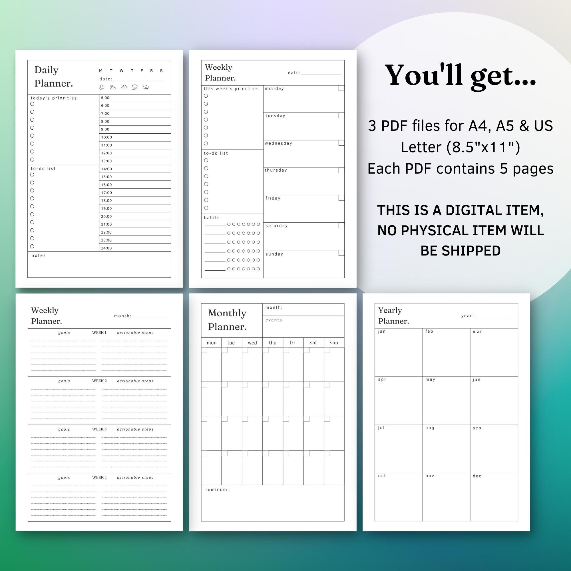 All in One Daily Planner Printable, Weekly, Monthly, Yearly Digital ...