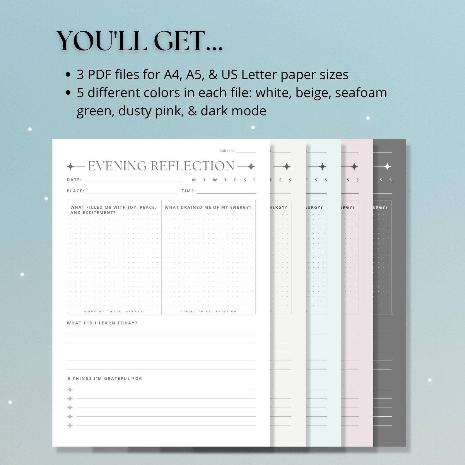 Evening Reflection Journal, Printable 5 Minute Bedtime Journal Prompts ...