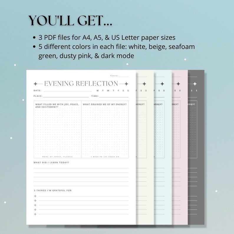Evening Reflection Journal, Printable 5 Minute Bedtime Journal Prompts ...