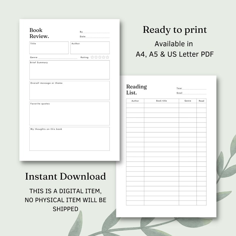 Reading Journal Printable, Book Review, Reading Tracker, Digital ...