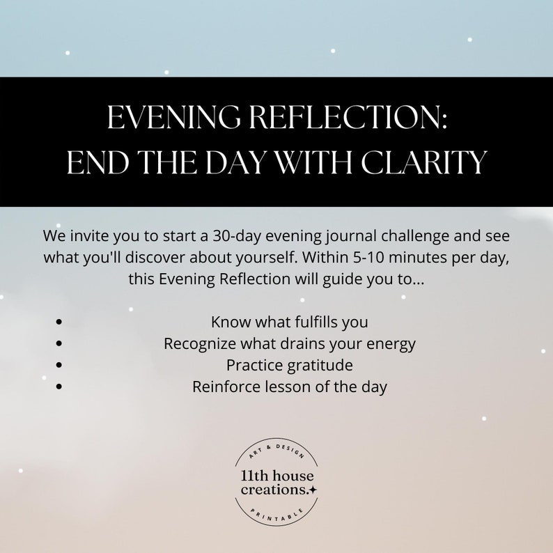 Evening Reflection Journal, Printable 5 Minute Bedtime Journal Prompts ...