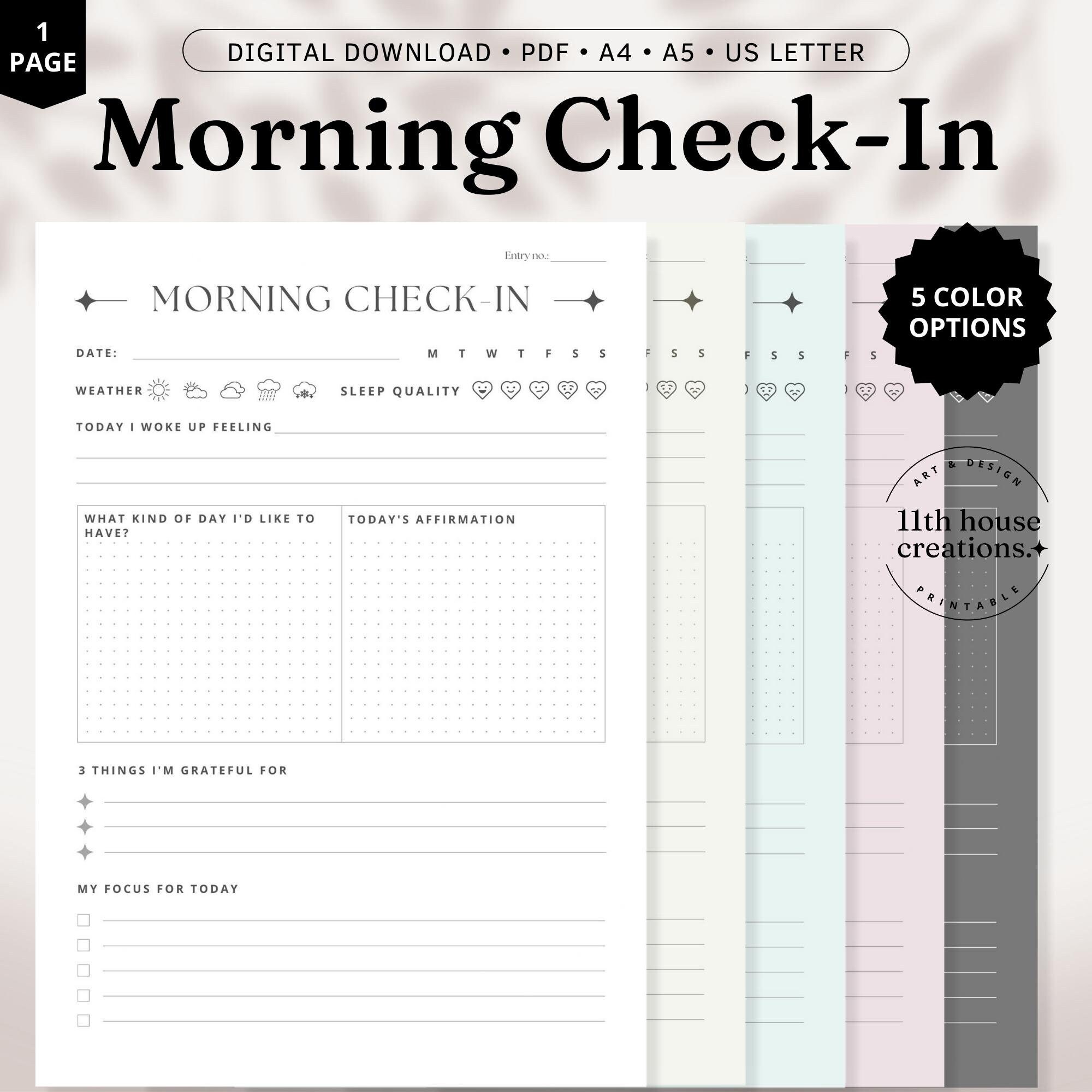 Morning Check-in Journal, 5 Minute Journal Template, Daily Reflections ...