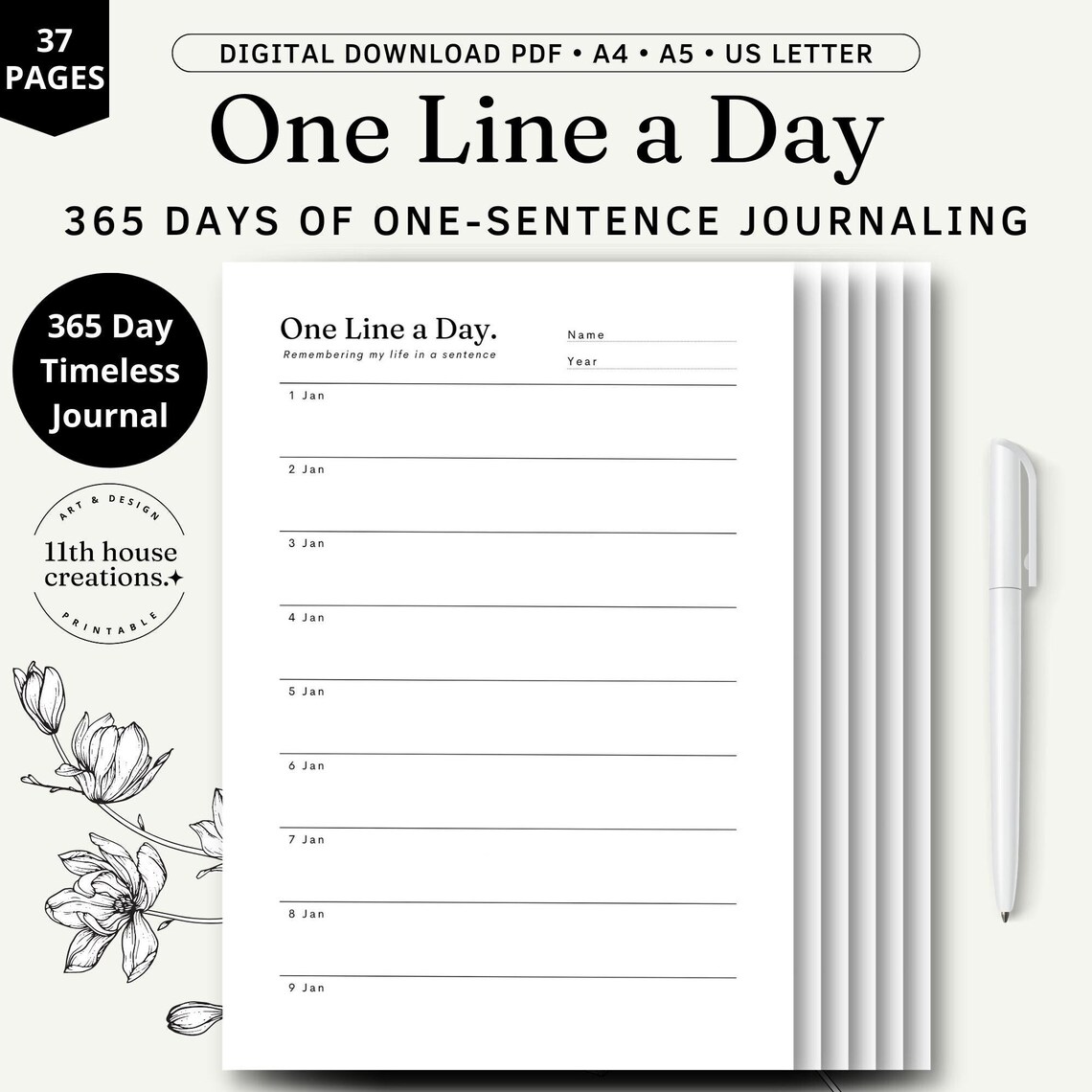 One Line A Day Journal, 365 Days One Sentence Journal Digital Download ...