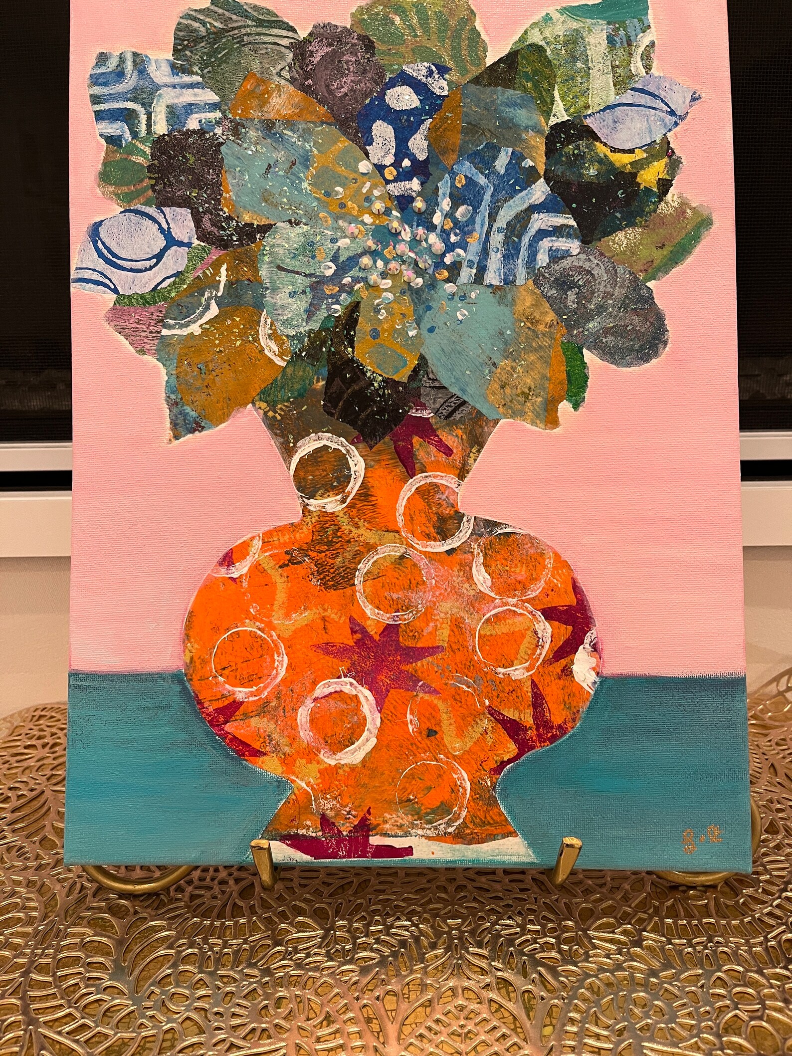 Floral Collage and Vase With Hand-printed Paper, Wall Decor, Wall ...