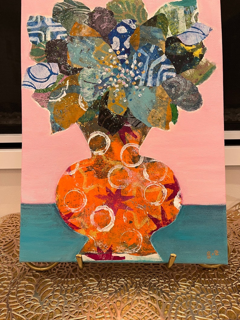 Floral Collage and Vase With Hand-printed Paper, Wall Decor, Wall ...