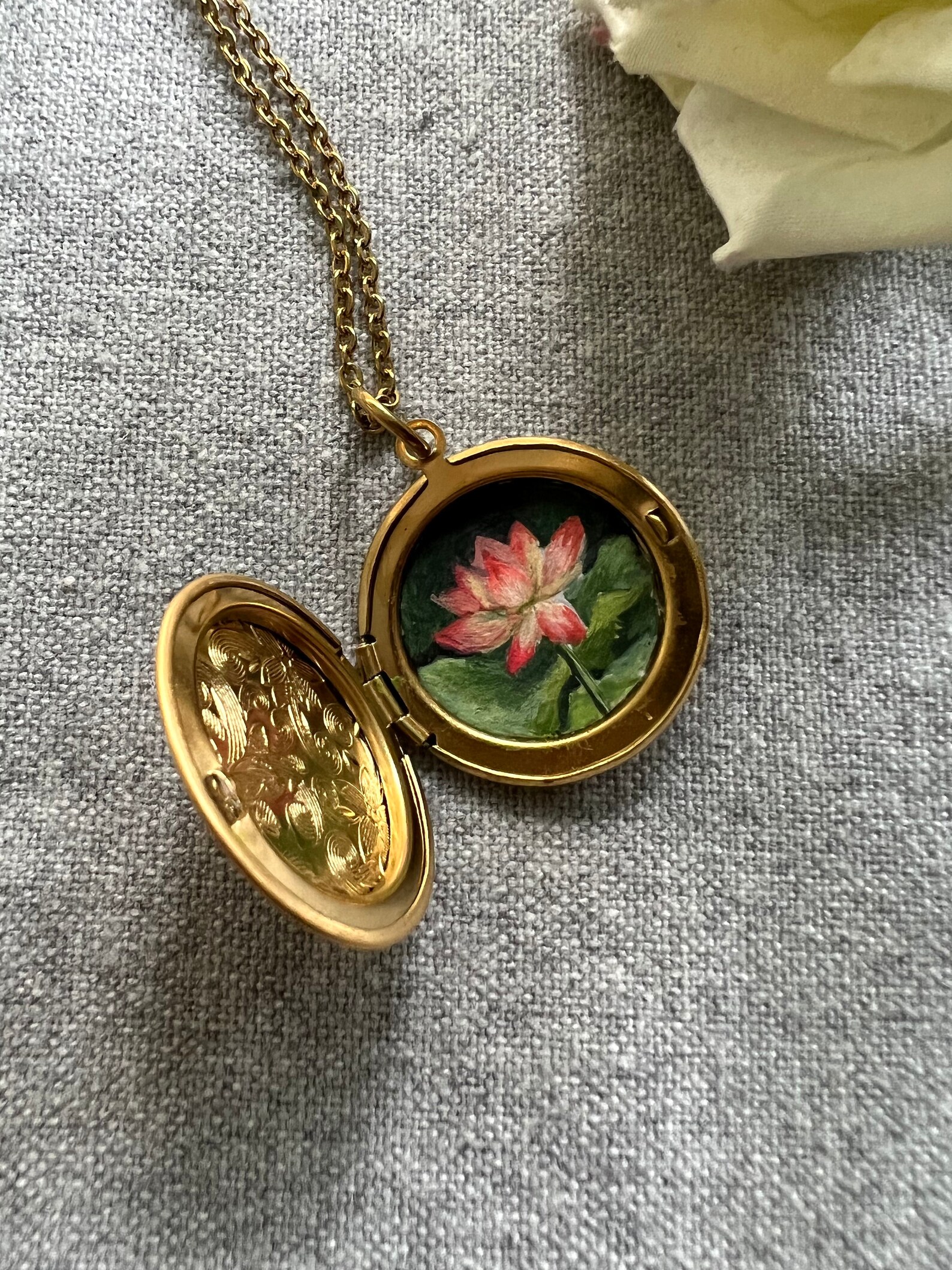 Pink Lotus-painted Locket-circular Painted Locket With Chain-vintage ...