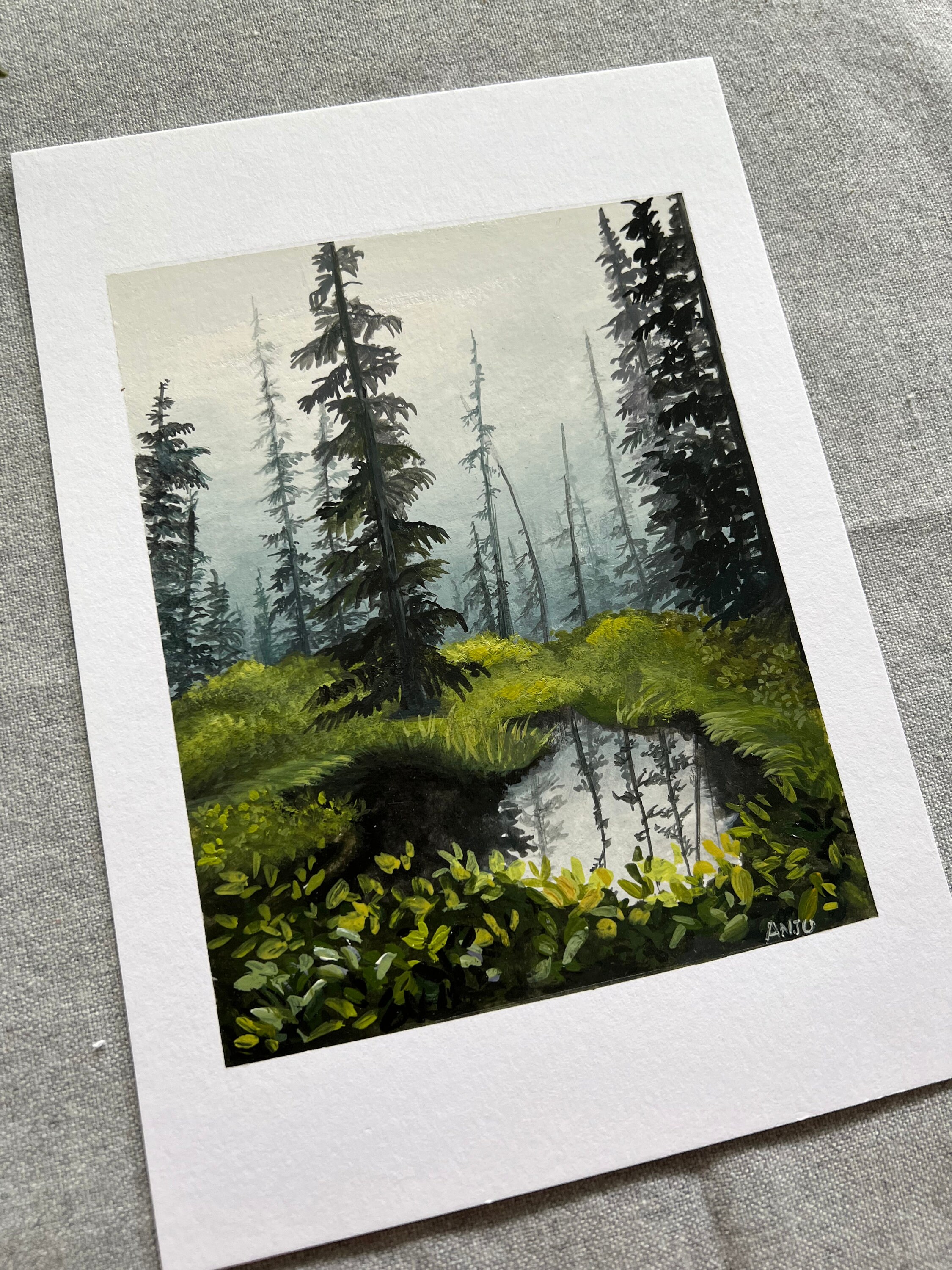 Foggy Greens 2-original Gouache Painting-gouache Painting-gouache ...