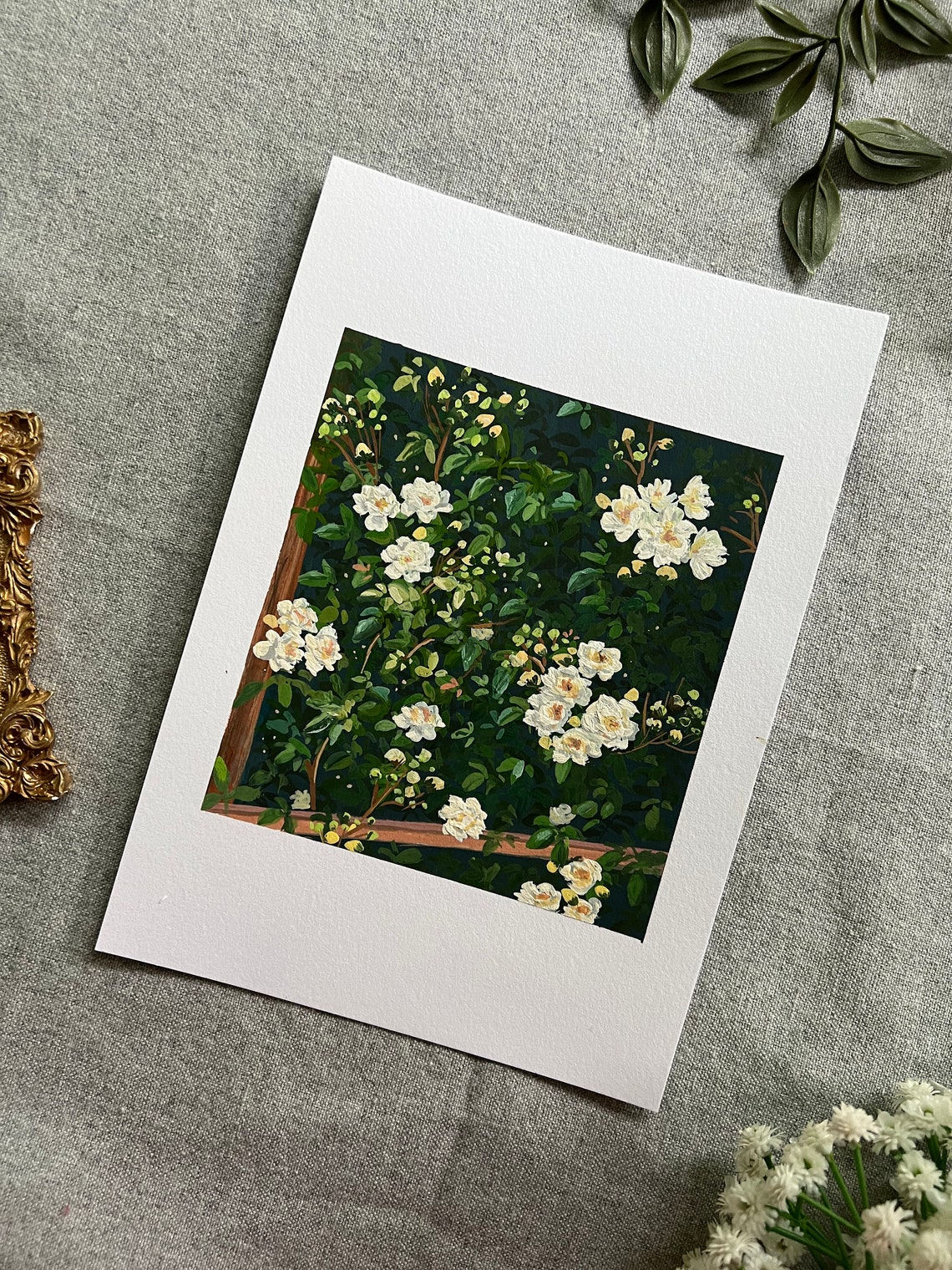 White Roses-original Gouache Painting-floral Painting-rose Garden ...
