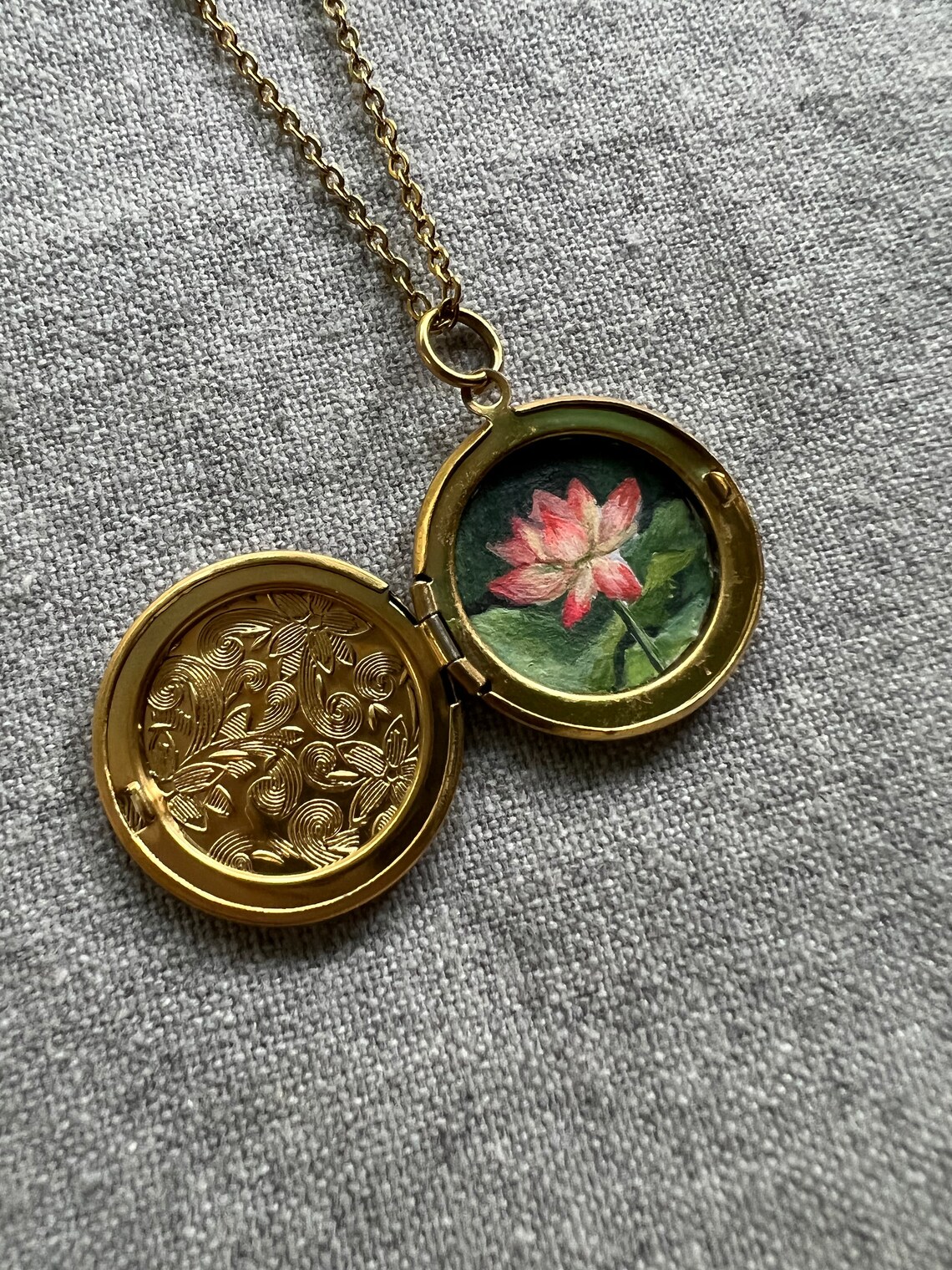 Pink Lotus-painted Locket-circular Painted Locket With Chain-vintage ...
