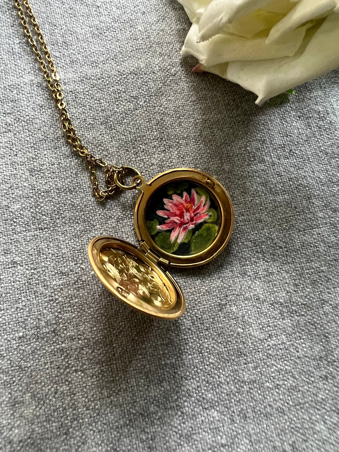 Pink Nympheas-painted Locket-hand Painted Pendant With Chain-hand ...