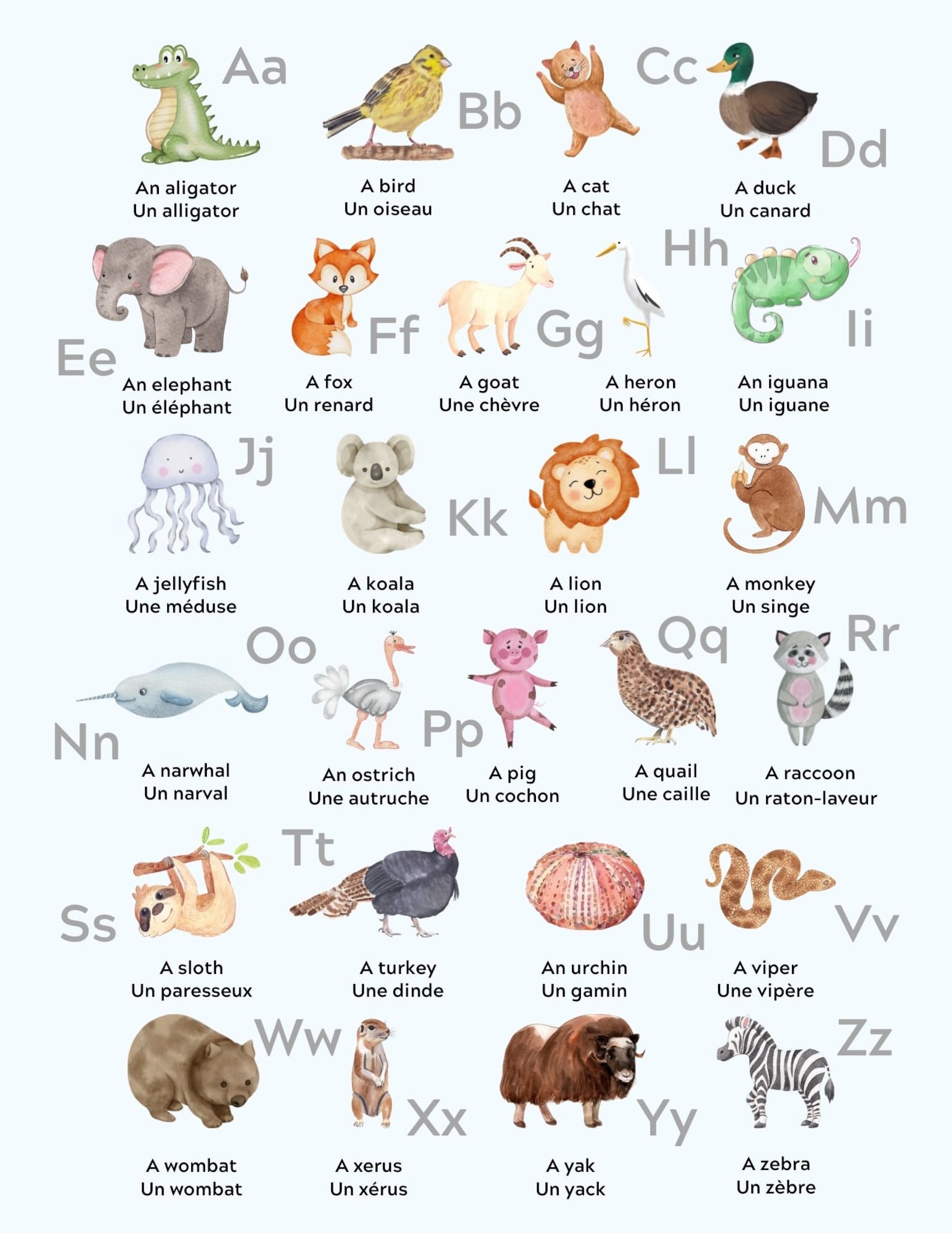 Animal Alphabet French and English, Educational Poster, Nursery Decor ...