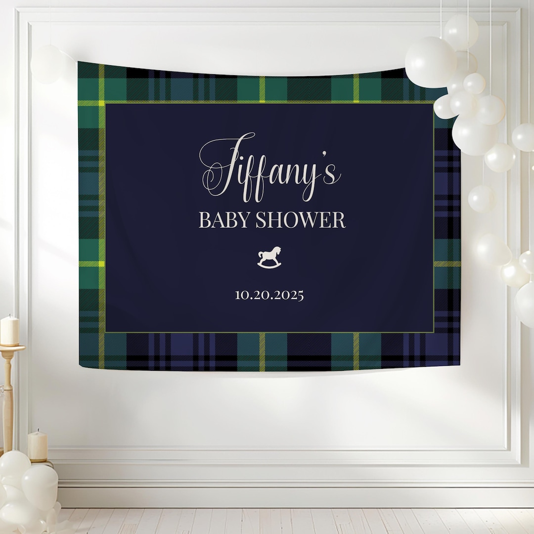 Preppy Baby Shower Banner, Navy & Green Tartan Plaid Photo Backdrop ...