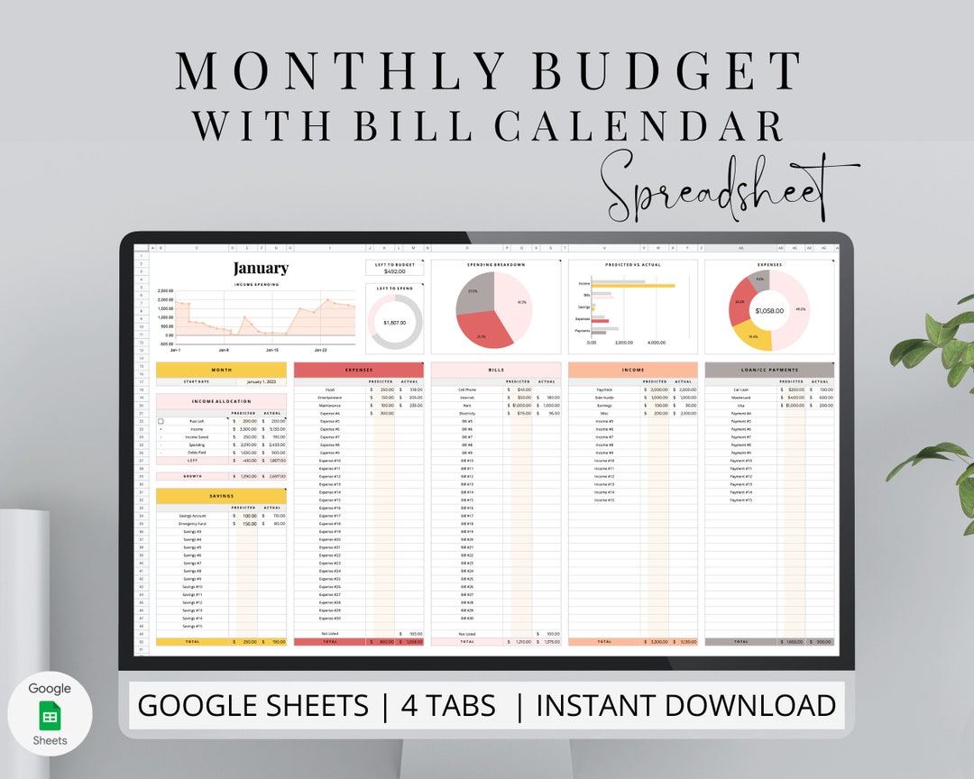 Monthly Budget Spreadsheet Template for Google Sheets, Budget With Bill ...