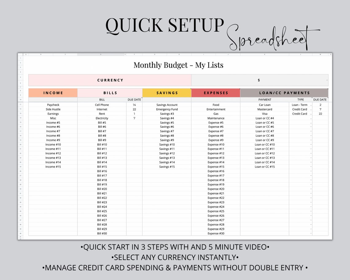 Credit Card Monthly Budget Large Print Spreadsheet Template for Google ...