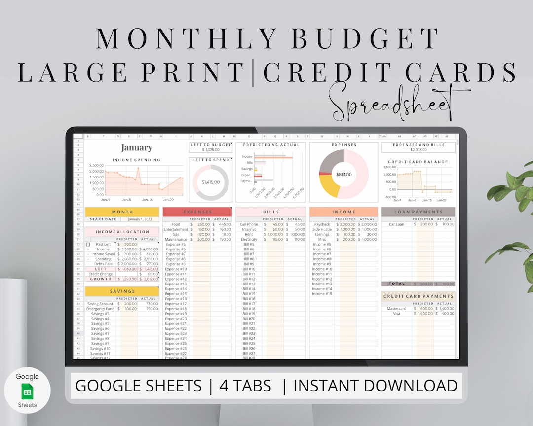 Credit Card Monthly Budget Large Print Spreadsheet Template for Google ...