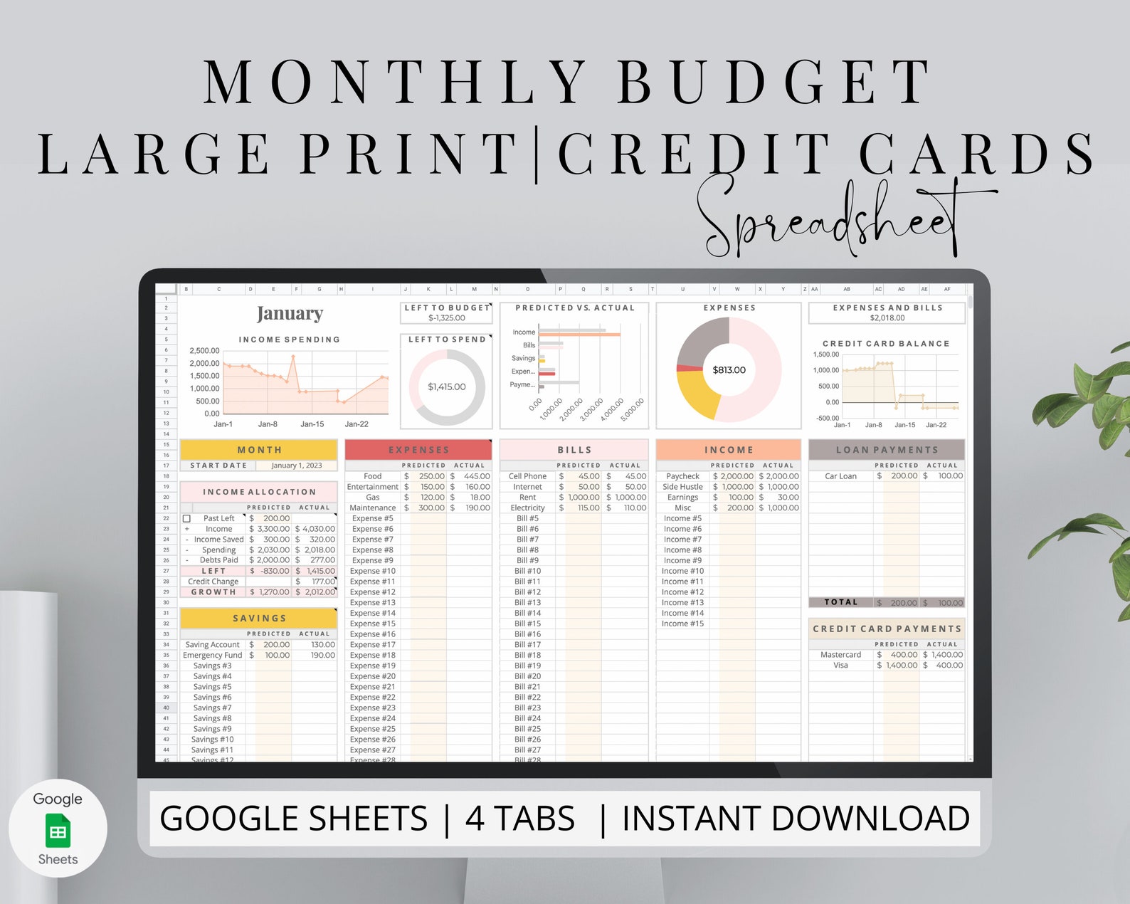Credit Card Monthly Budget Large Print Spreadsheet Template for Google ...
