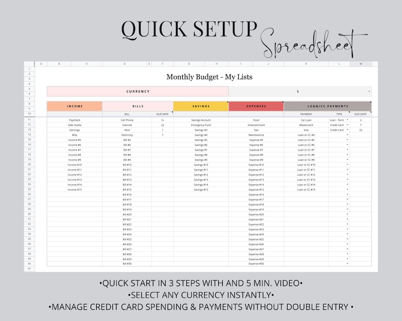 Credit Card Monthly Budget Spreadsheet for Google Sheets, Budget ...