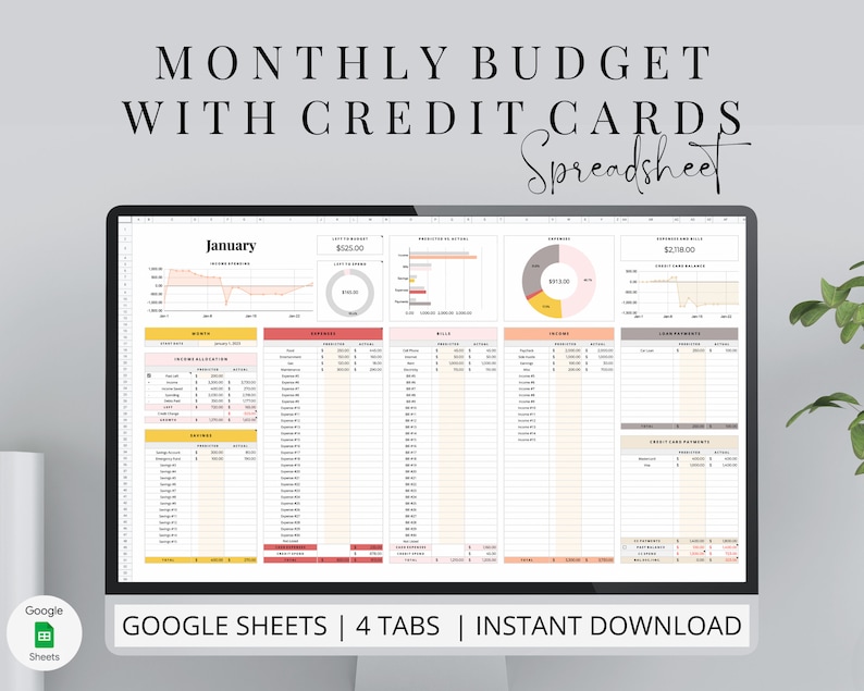 Credit Card Monthly Budget Spreadsheet for Google Sheets, Budget ...