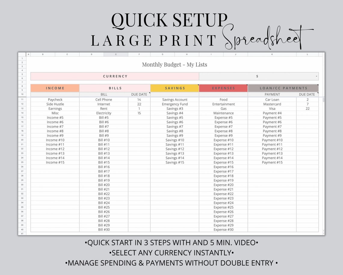 Monthly Budget Spreadsheet With Bill Calendar, Large Print for Google ...