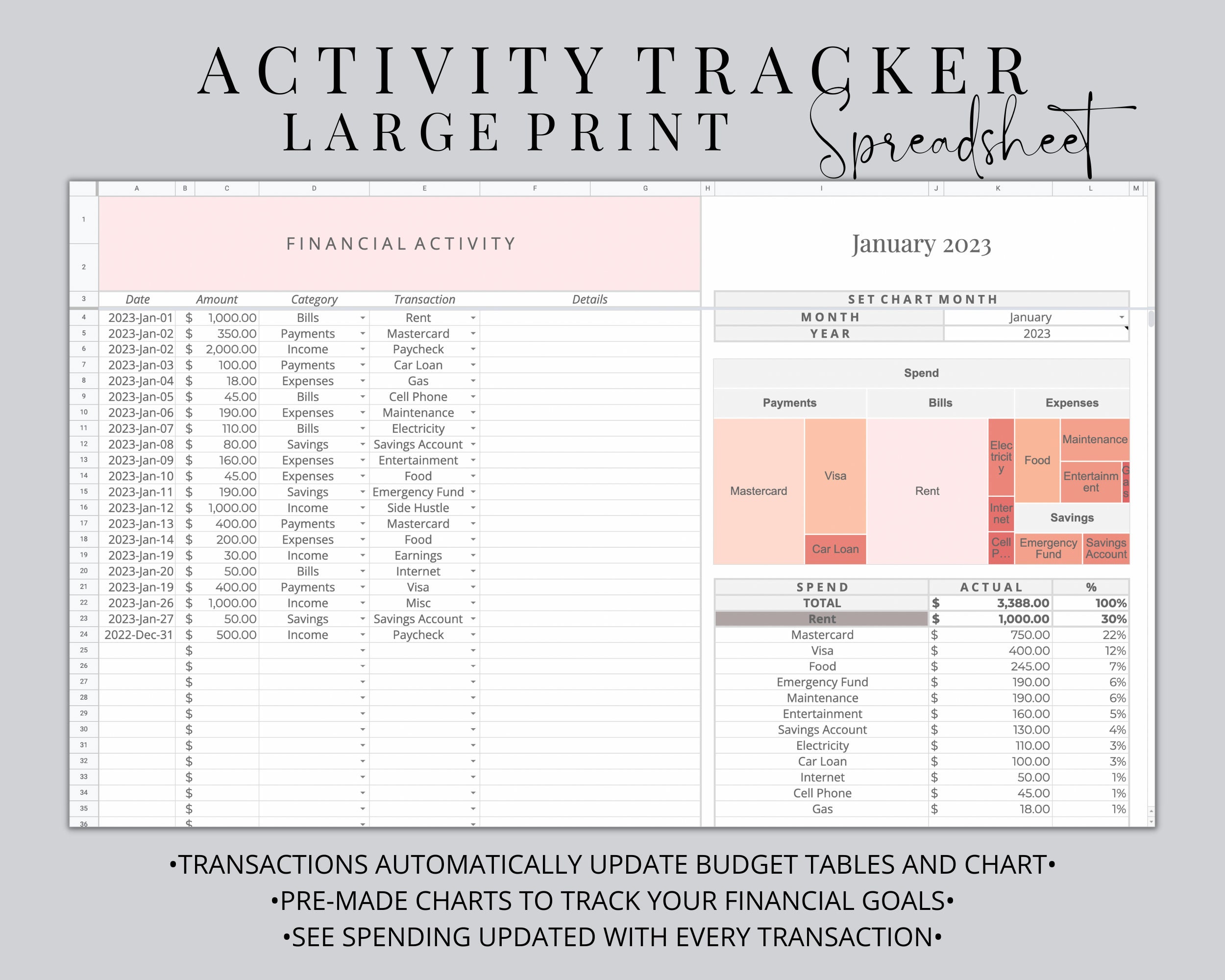 Monthly Budget Spreadsheet With Bill Calendar, Large Print for Google ...