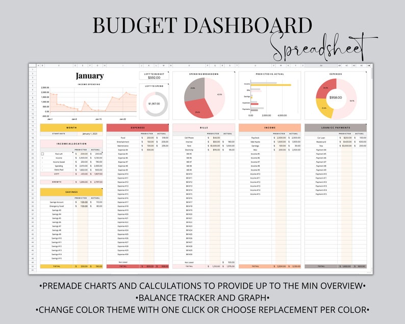Monthly Budget Spreadsheet Template for Google Sheets, Budget With Bill ...