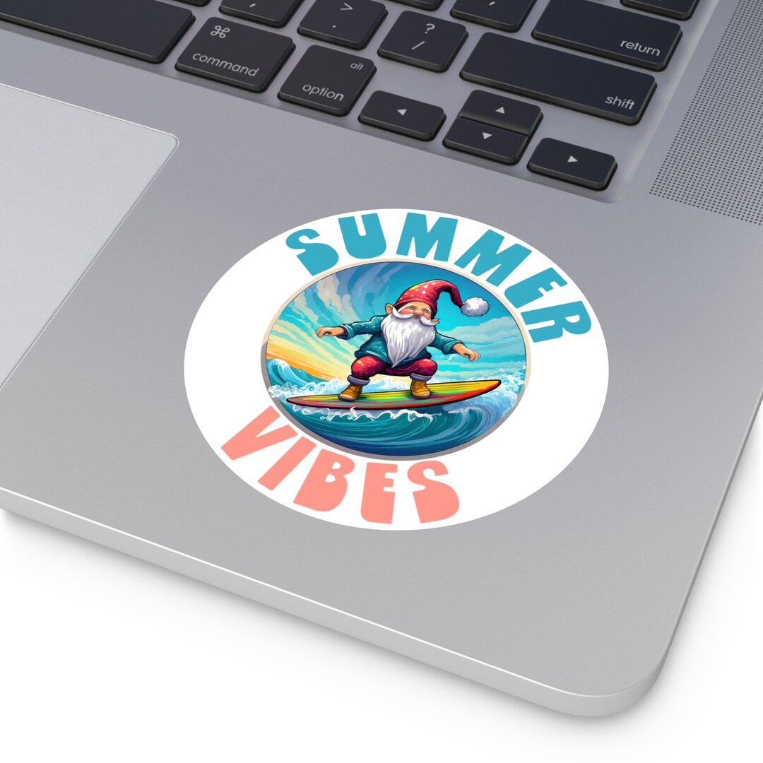 Round Vinyl Sticker Surf Loving Gnome Summer Vibes Surfing Gnome Indoor ...