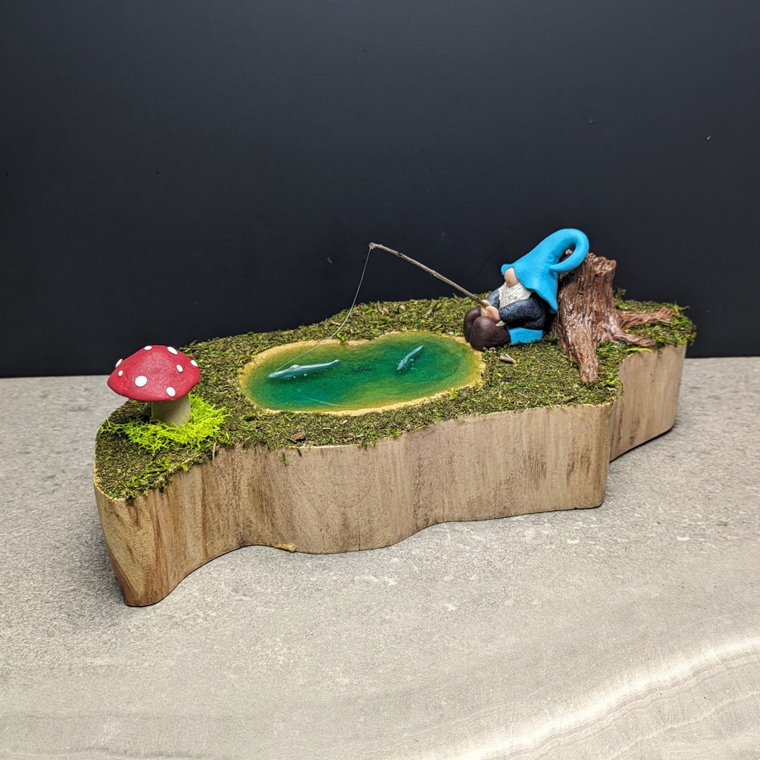 Fun Fishing Gnome Diorama Handcrafted Mushroom, Gnome, Tree Stump and ...