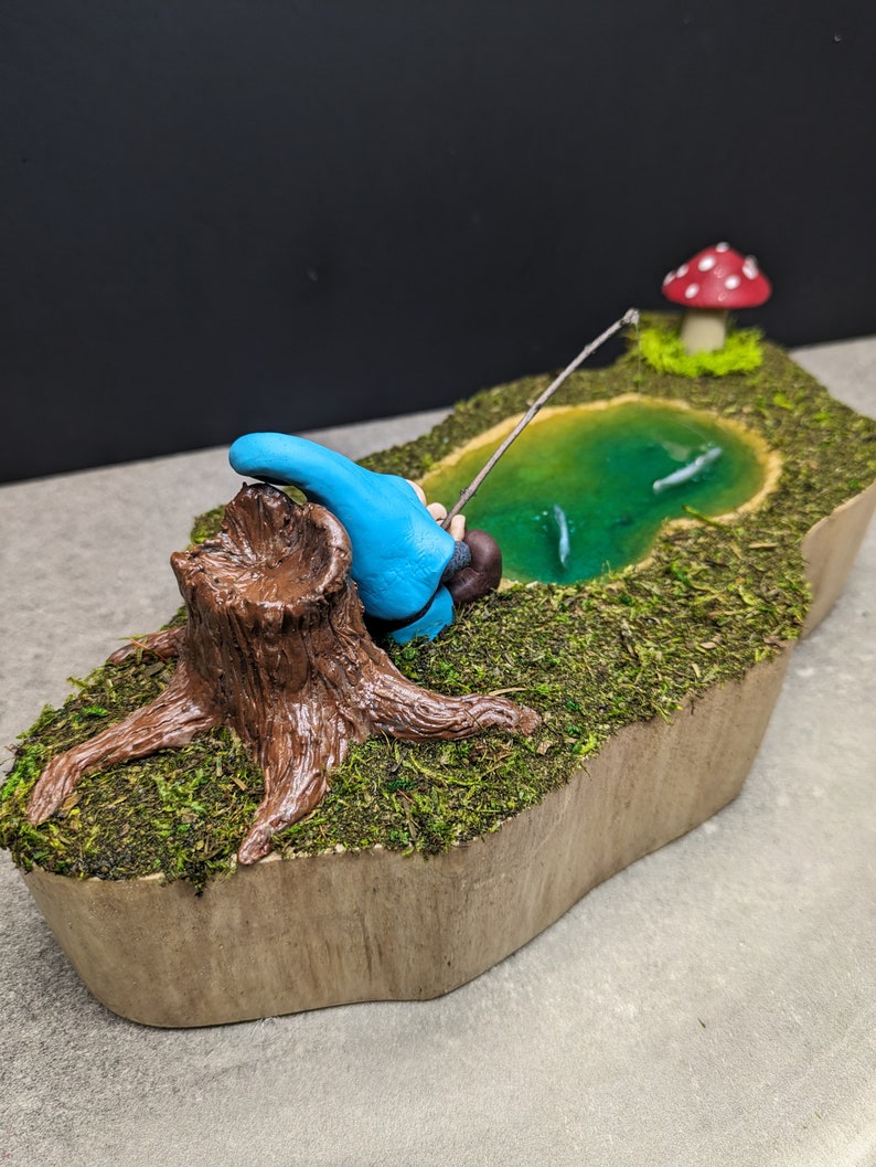 Fun Fishing Gnome Diorama Handcrafted Mushroom, Gnome, Tree Stump and ...