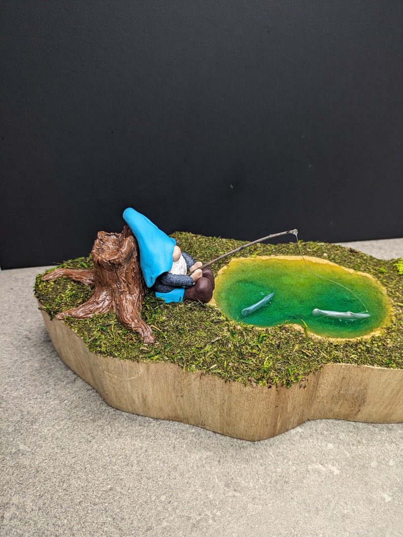 Fun Fishing Gnome Diorama Handcrafted Mushroom, Gnome, Tree Stump and ...