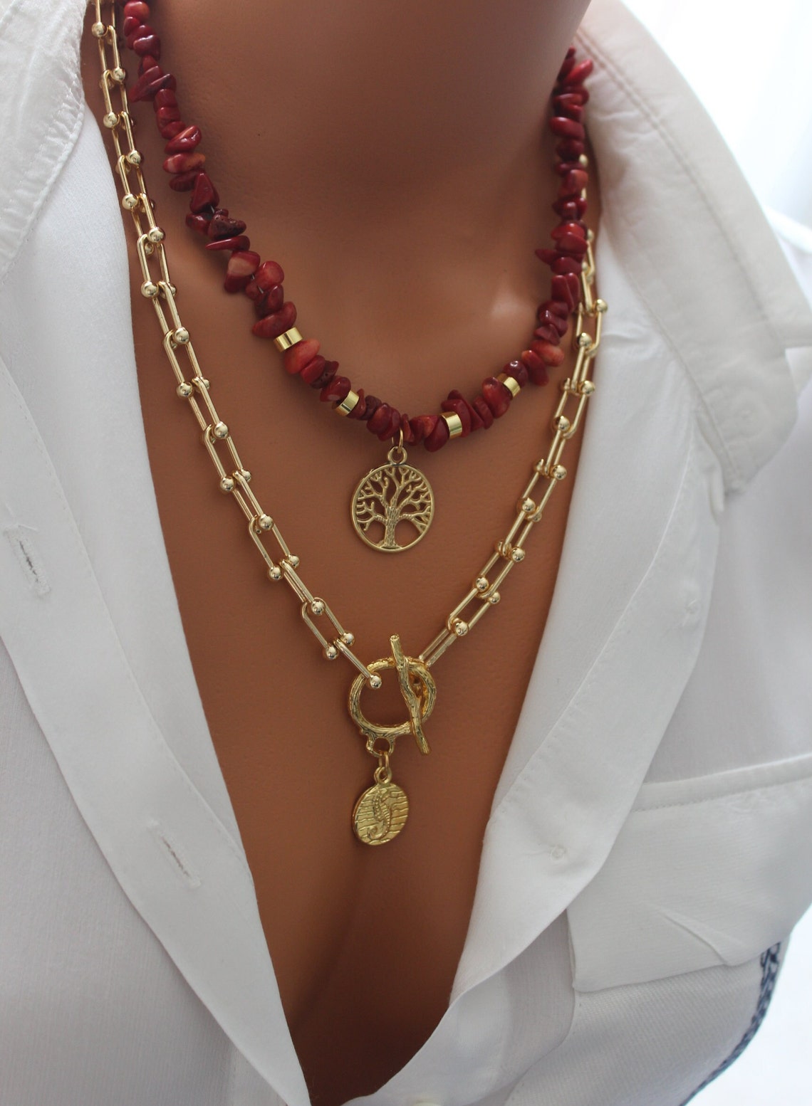 Eye-catching Red Coral Necklace Set Unique Broken Natural - Etsy