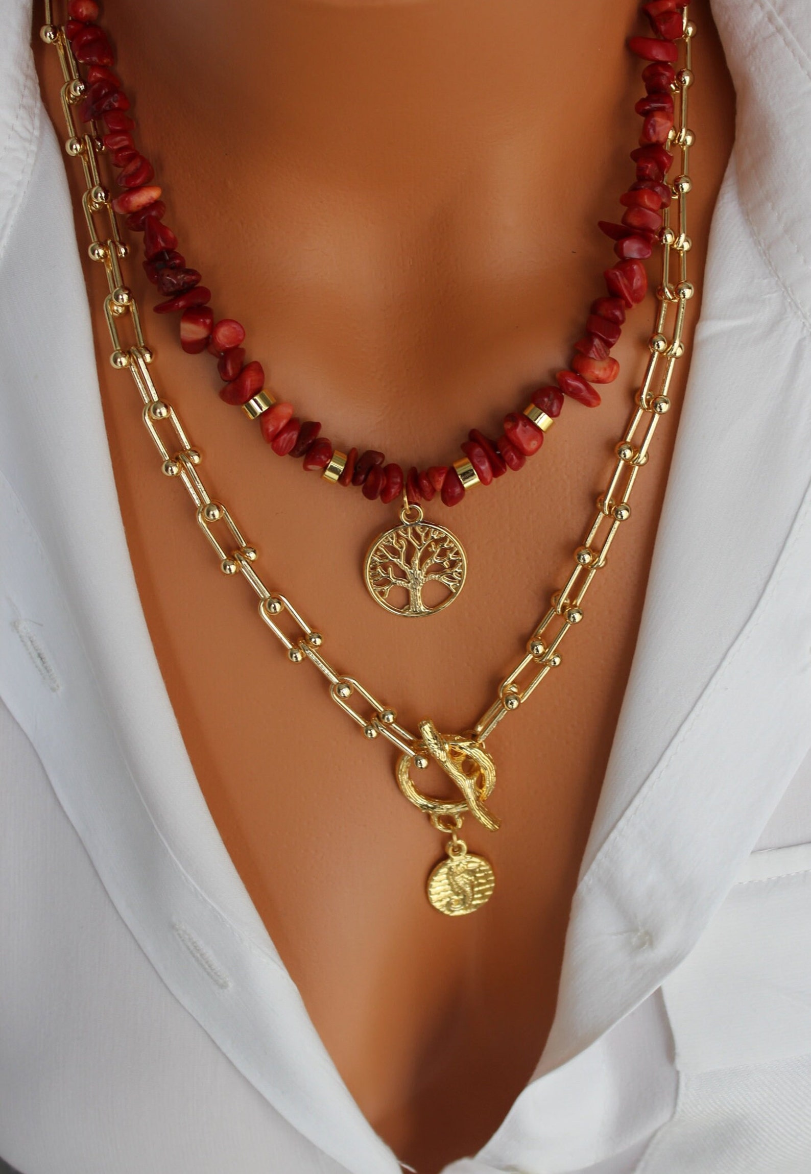 Eye-catching Red Coral Necklace Set Unique Broken Natural - Etsy