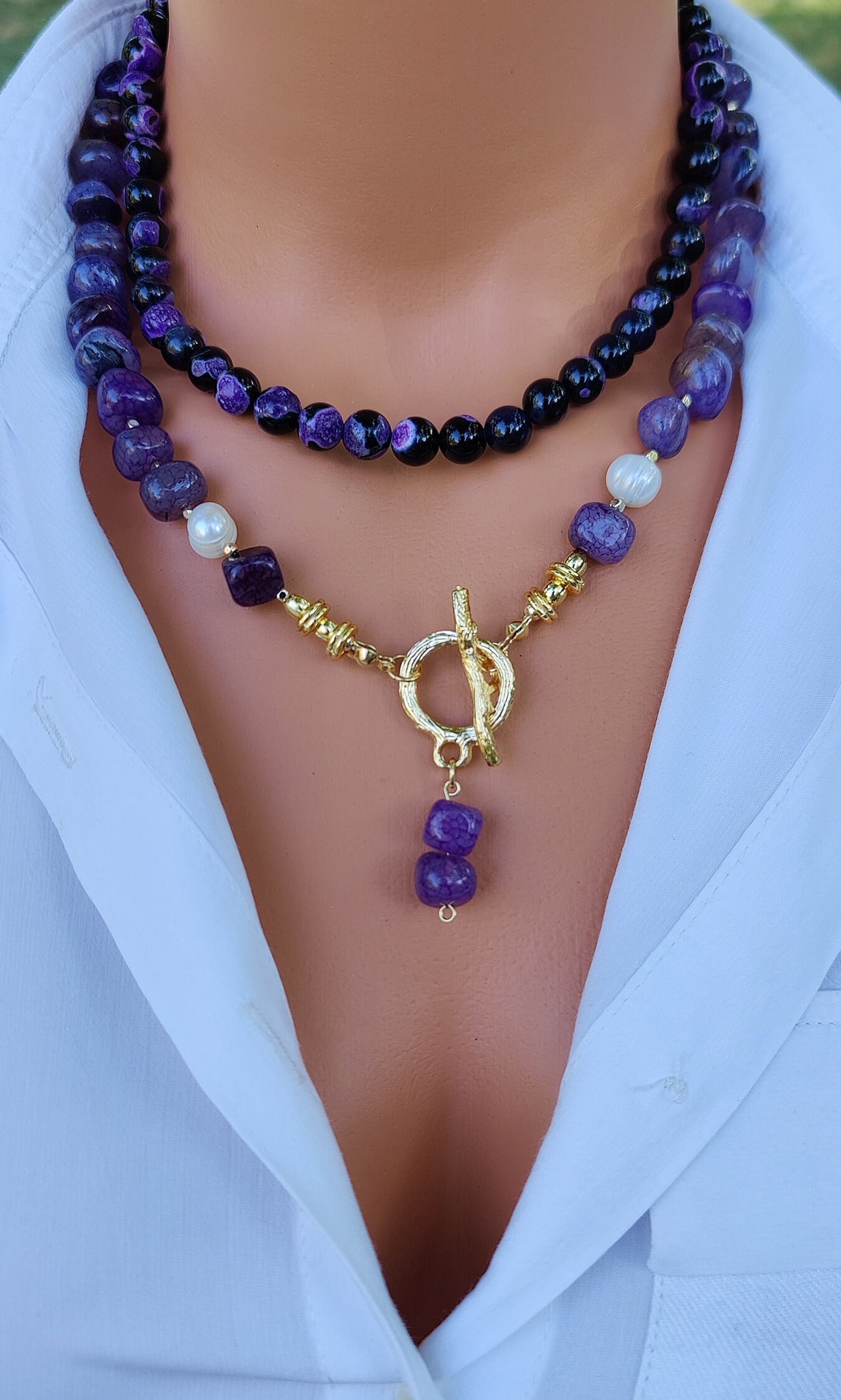 Unique Purple Agate Jewelry Set, Unique Natural Stone Necklace ...