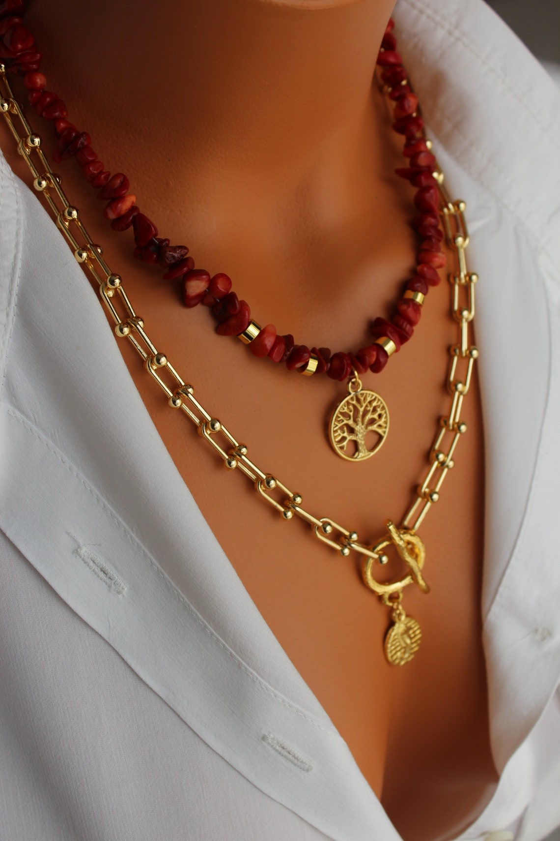 Eye-catching Red Coral Necklace Set Unique Broken Natural - Etsy