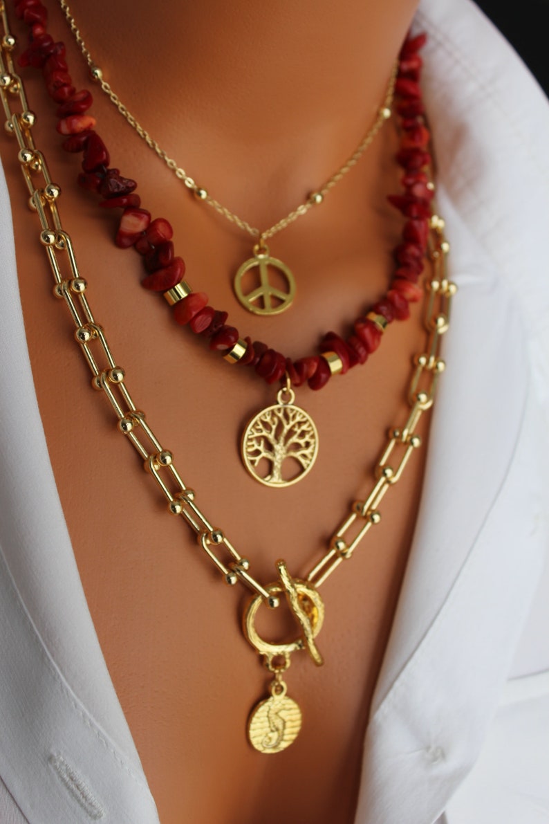 Eye-catching Red Coral Necklace Set, Unique Broken Natural Stone Choker ...