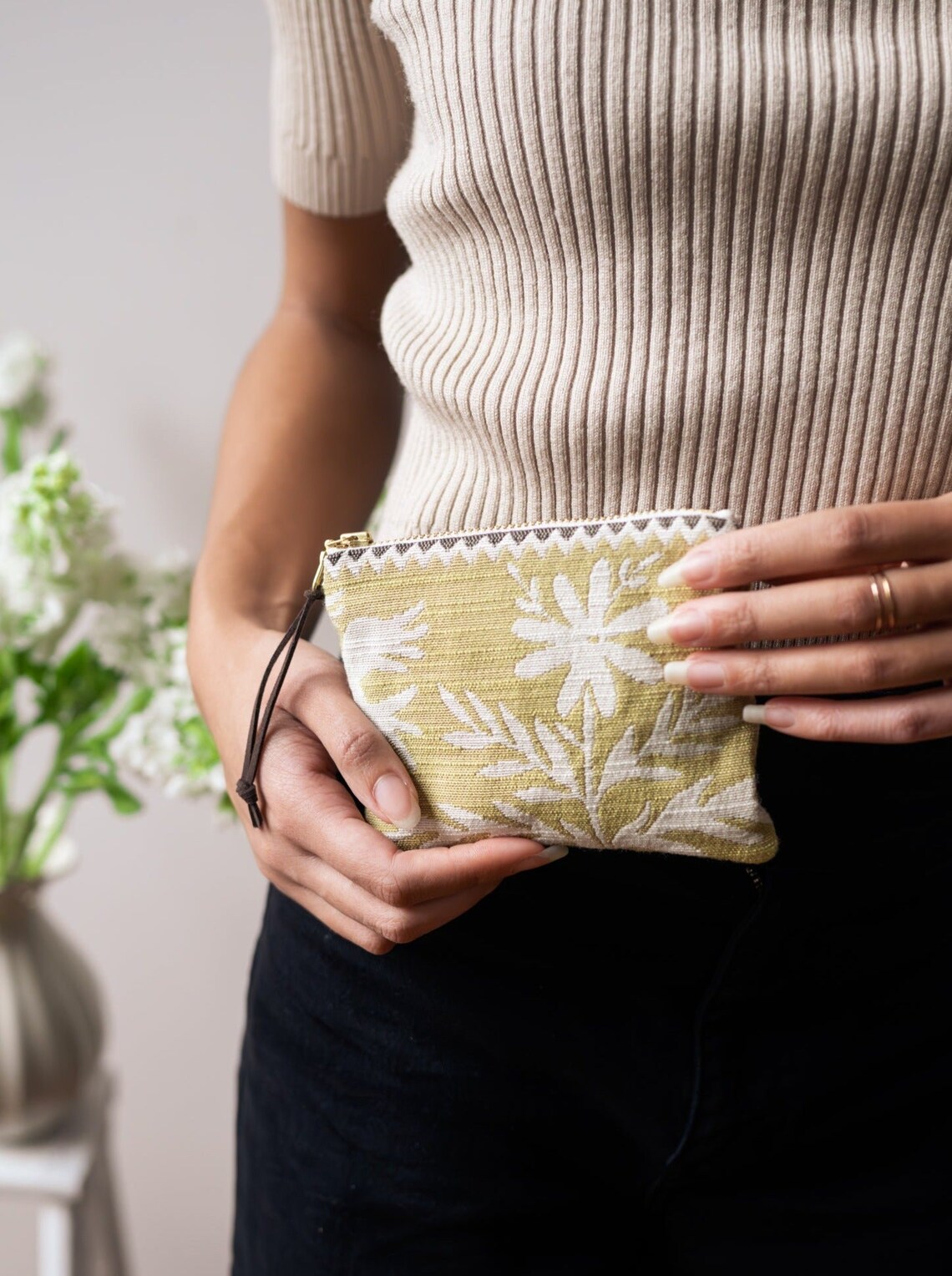 Folk Life Green Mini Pouch With Designer Upholstery Woven Cotton Fabric ...