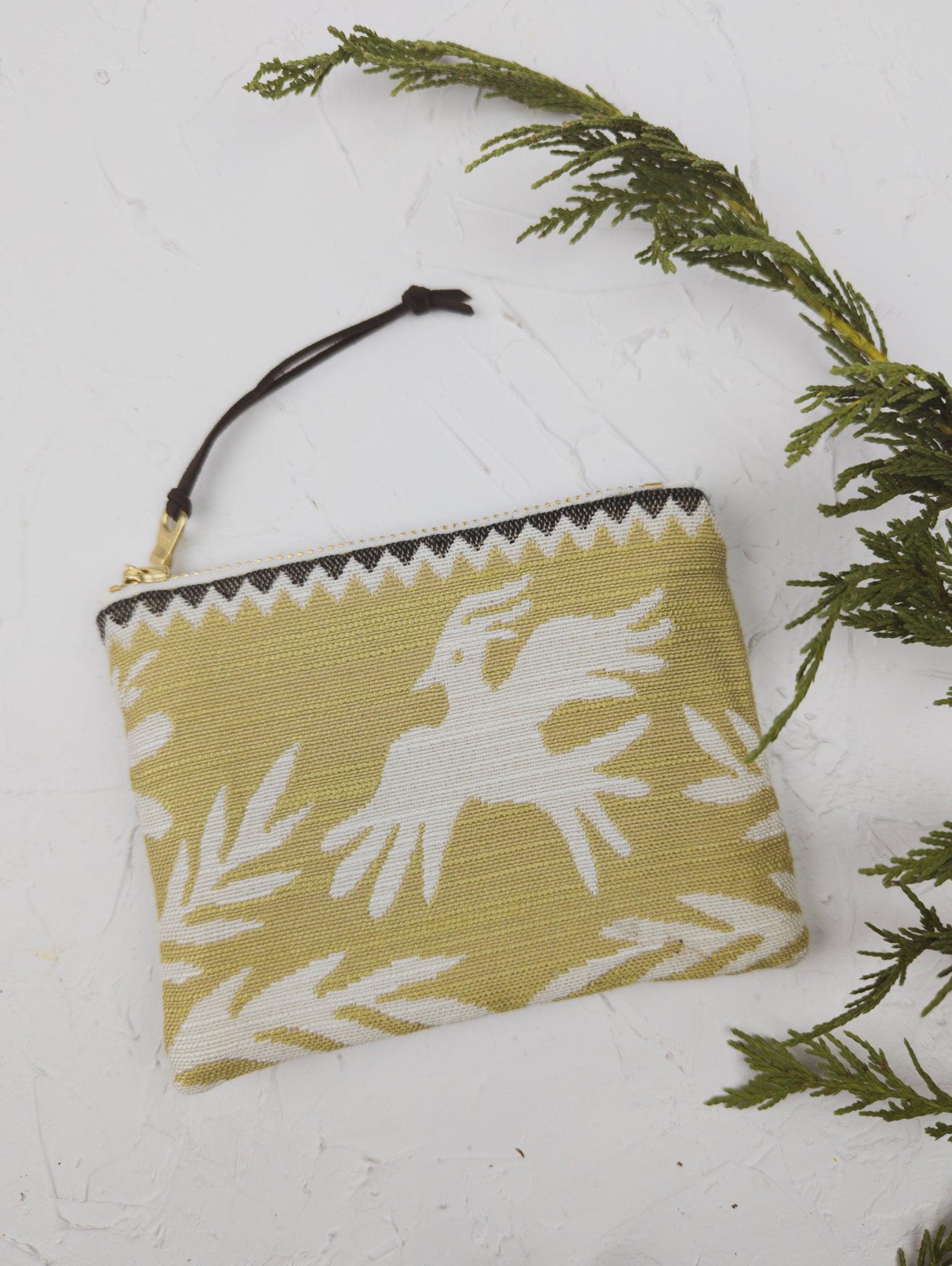 Folk Life Green Mini Pouch With Designer Upholstery Woven Cotton Fabric ...